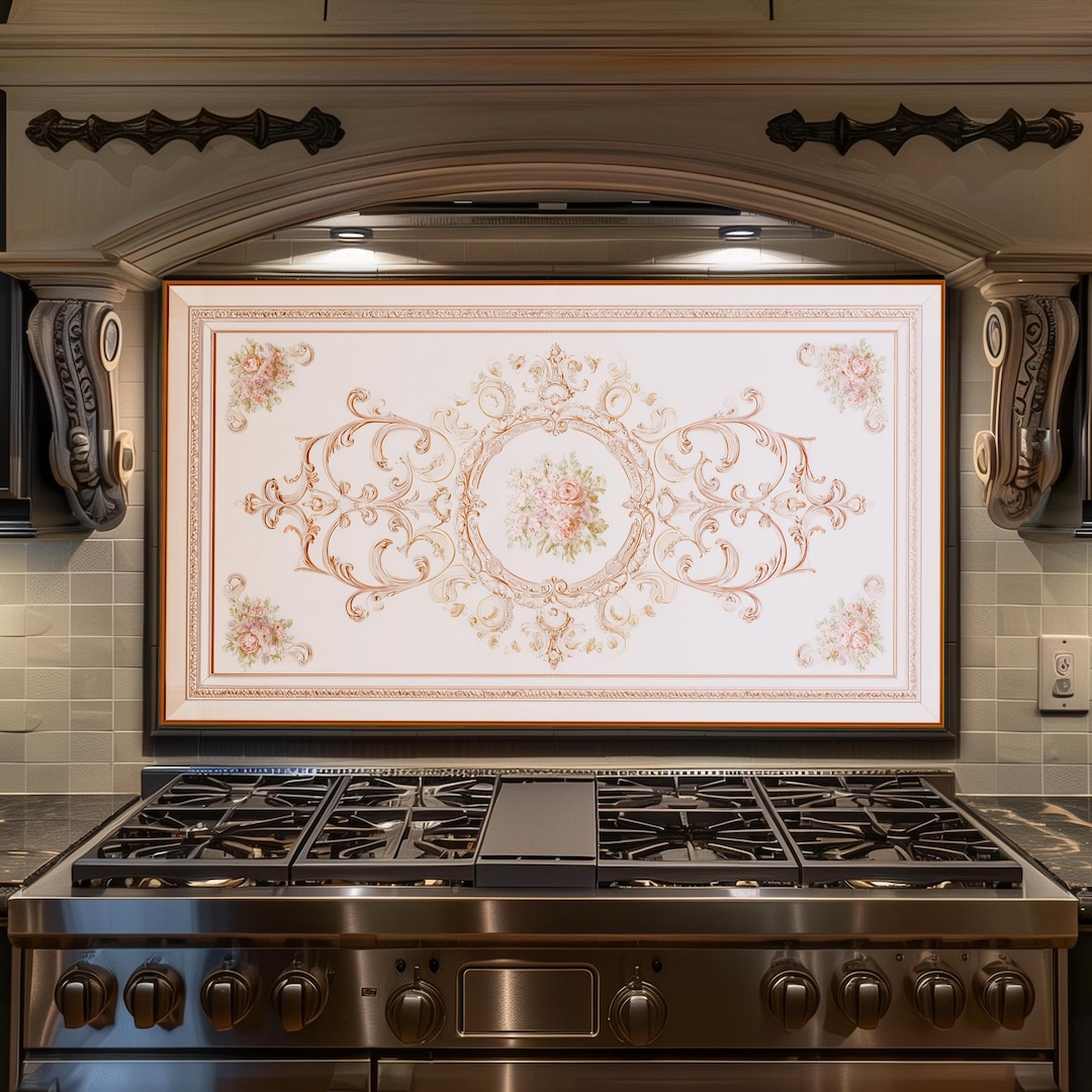 Vintage Baroque Floral Backsplash – Cream Copper Rose Design Tempered ...