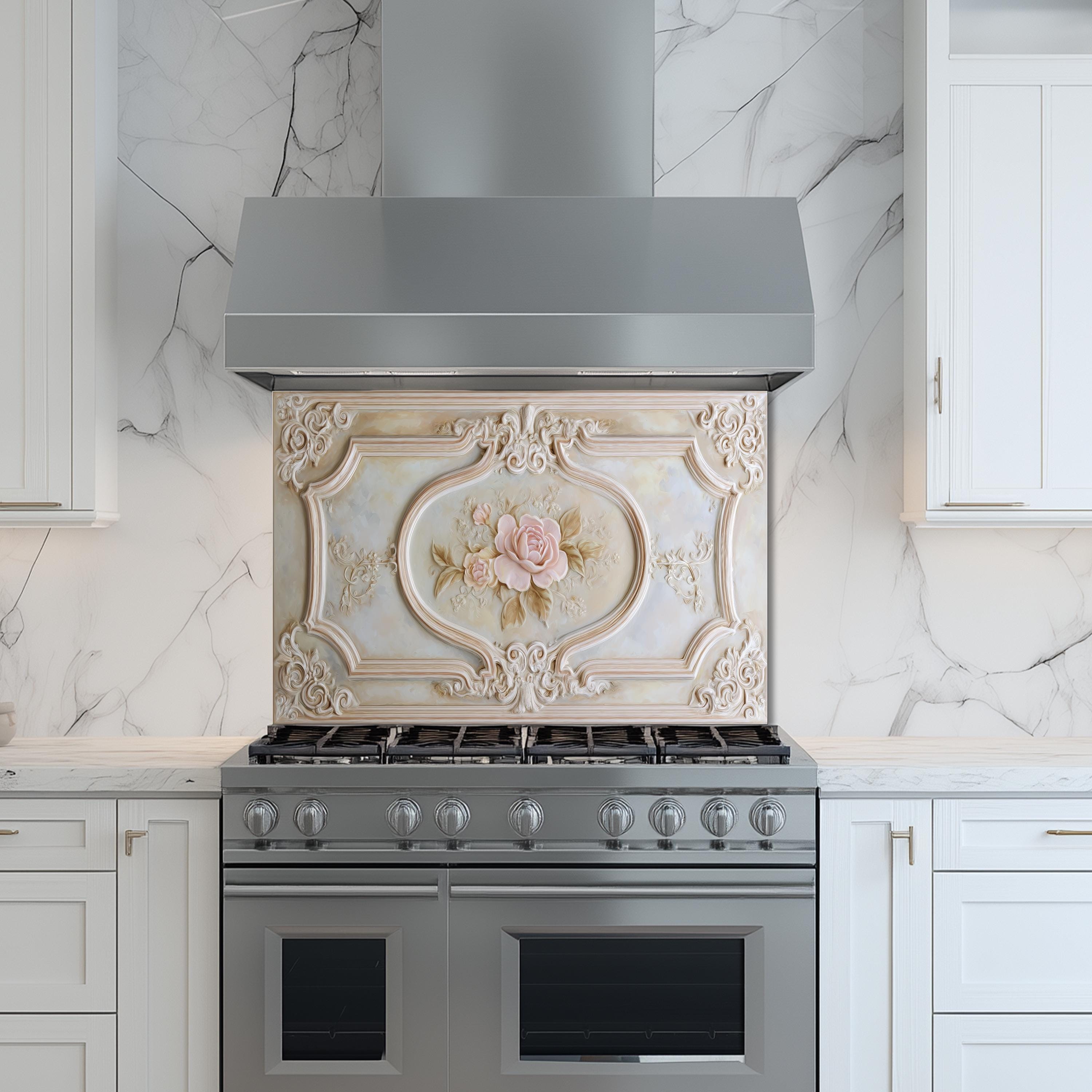 Luxury Baroque Rose Backsplash – Classic Beige Floral Tempered Glass ...