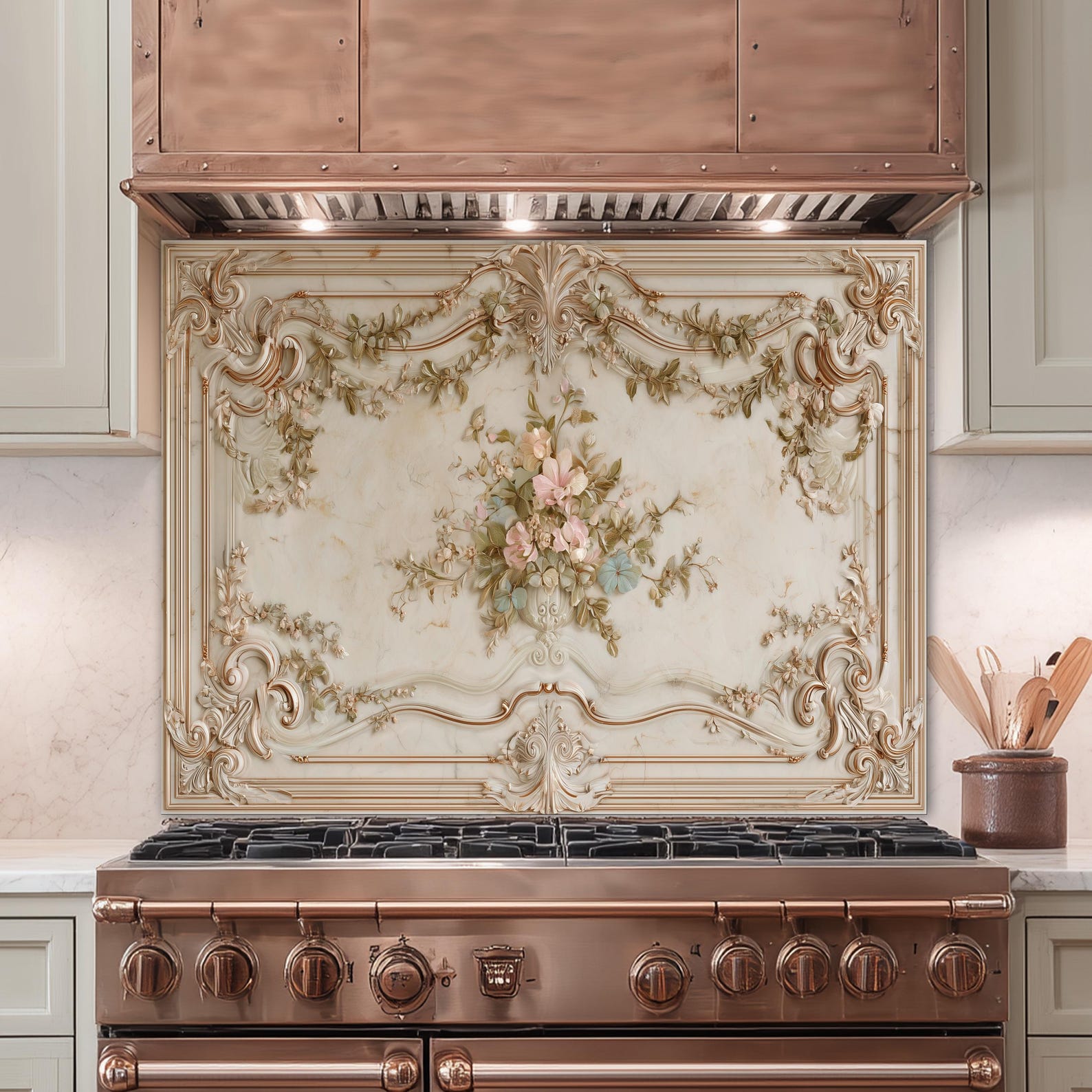 Luxury Marble Floral Backsplash – Elegant Baroque Gold Frame Tempered ...