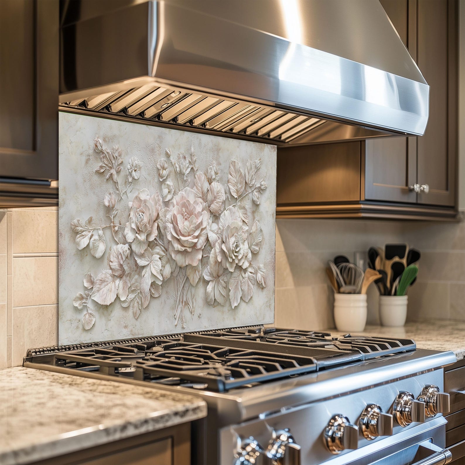 3D Floral Rose Backsplash – Beige Peony Relief Tempered Glass ...