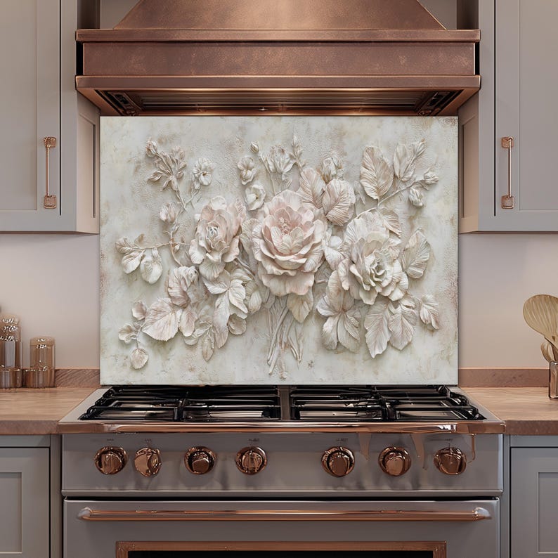 3D Floral Rose Backsplash – Beige Peony Relief Tempered Glass ...