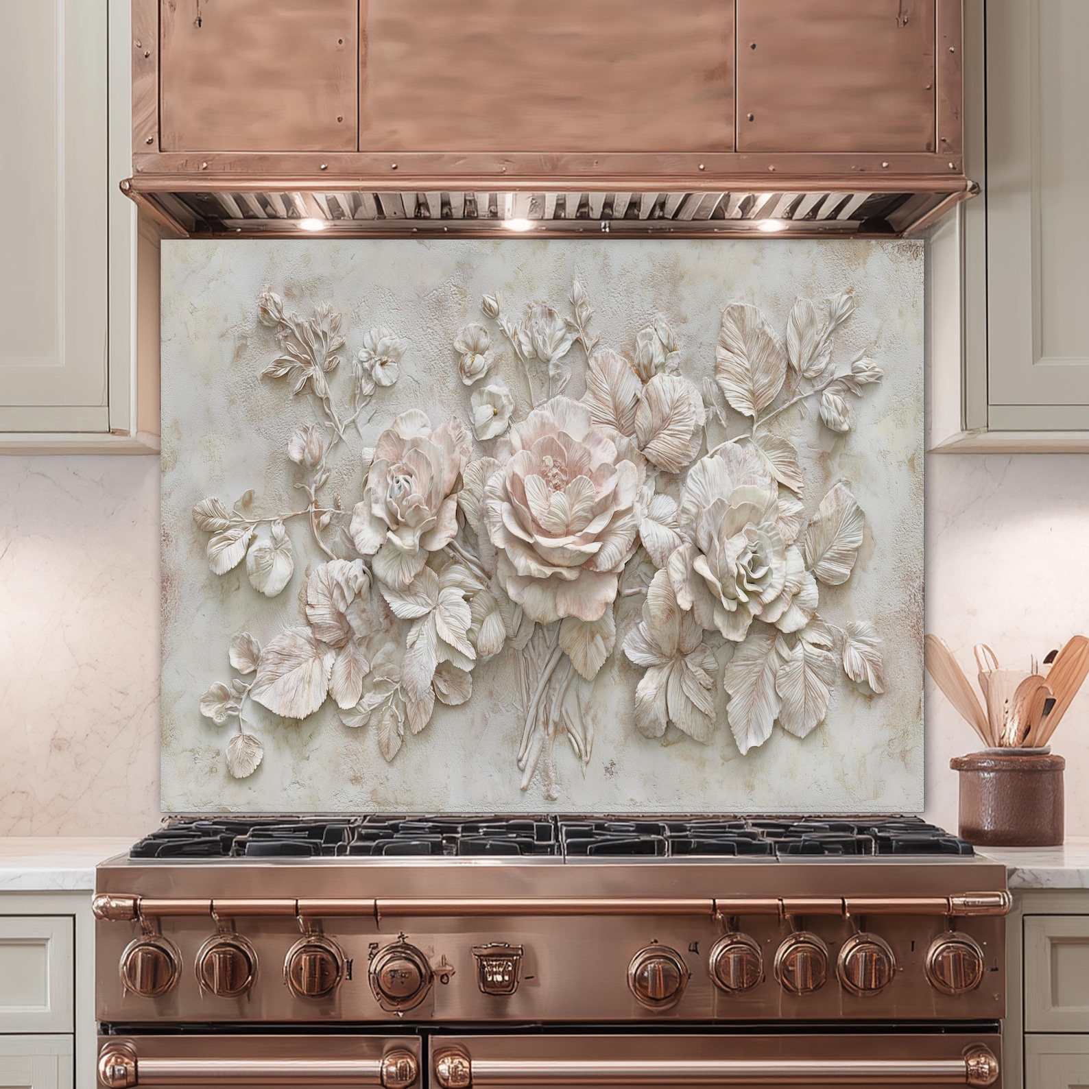 3D Floral Rose Backsplash – Beige Peony Relief Tempered Glass ...