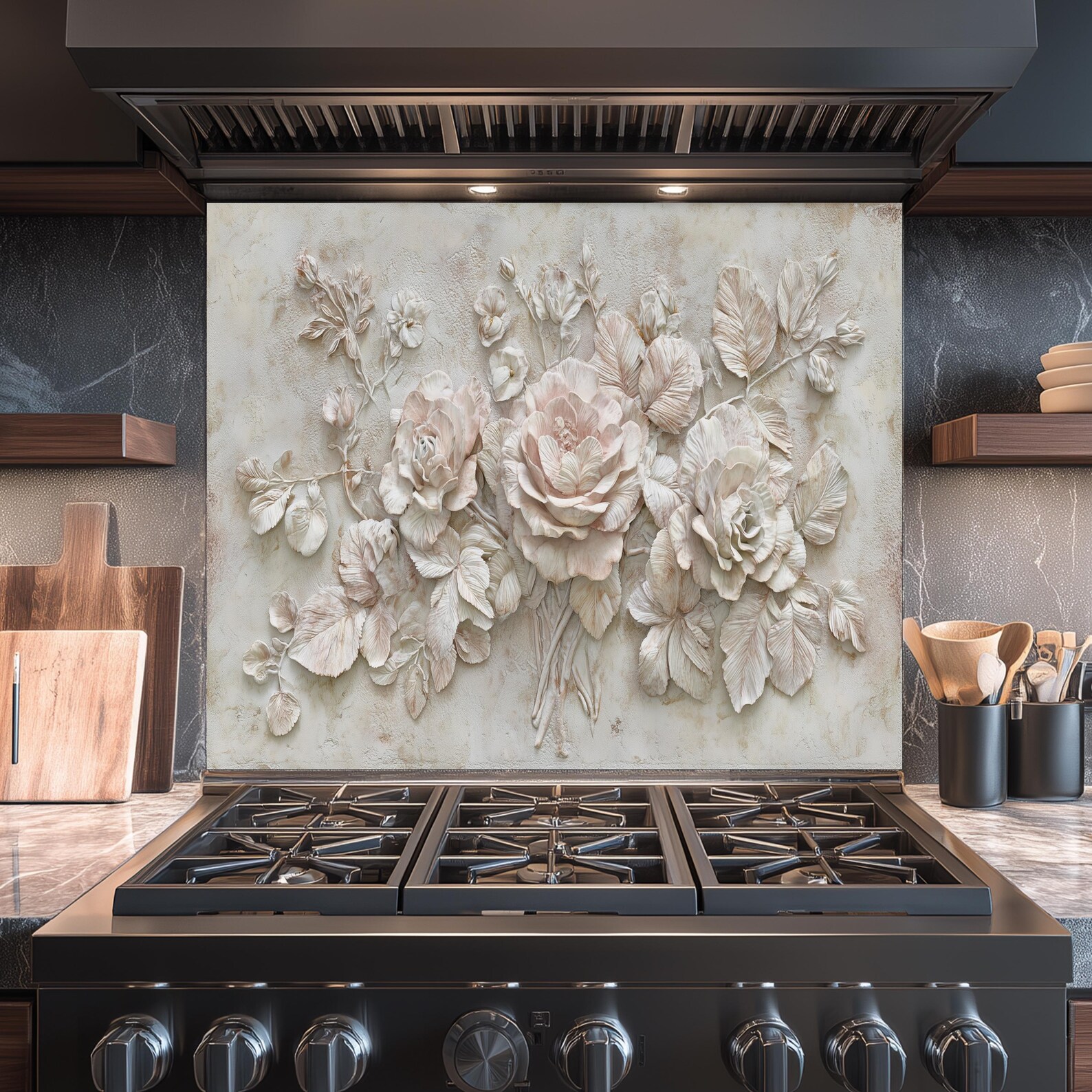 3D Floral Rose Backsplash – Beige Peony Relief Tempered Glass ...