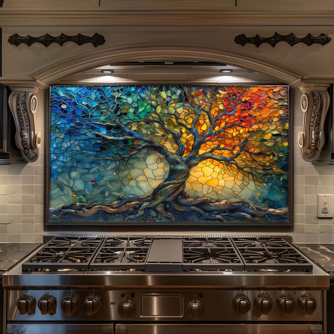 Tempered Glass Backsplash for Stove or Oven, Tree of Life Stained Glass ...