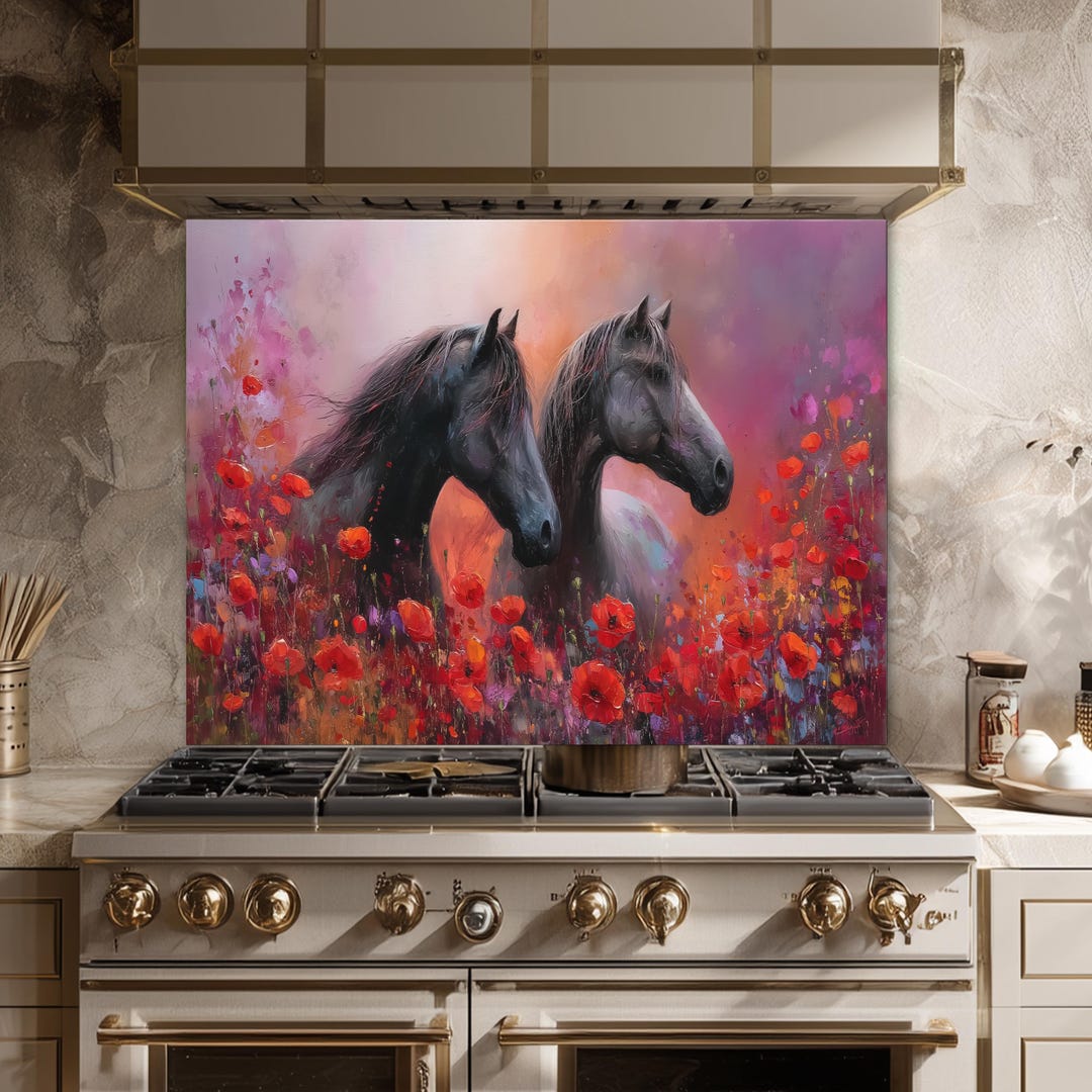 Horse Backsplash – Black Horses & Poppy Flowers Glass Backsplash Panel ...