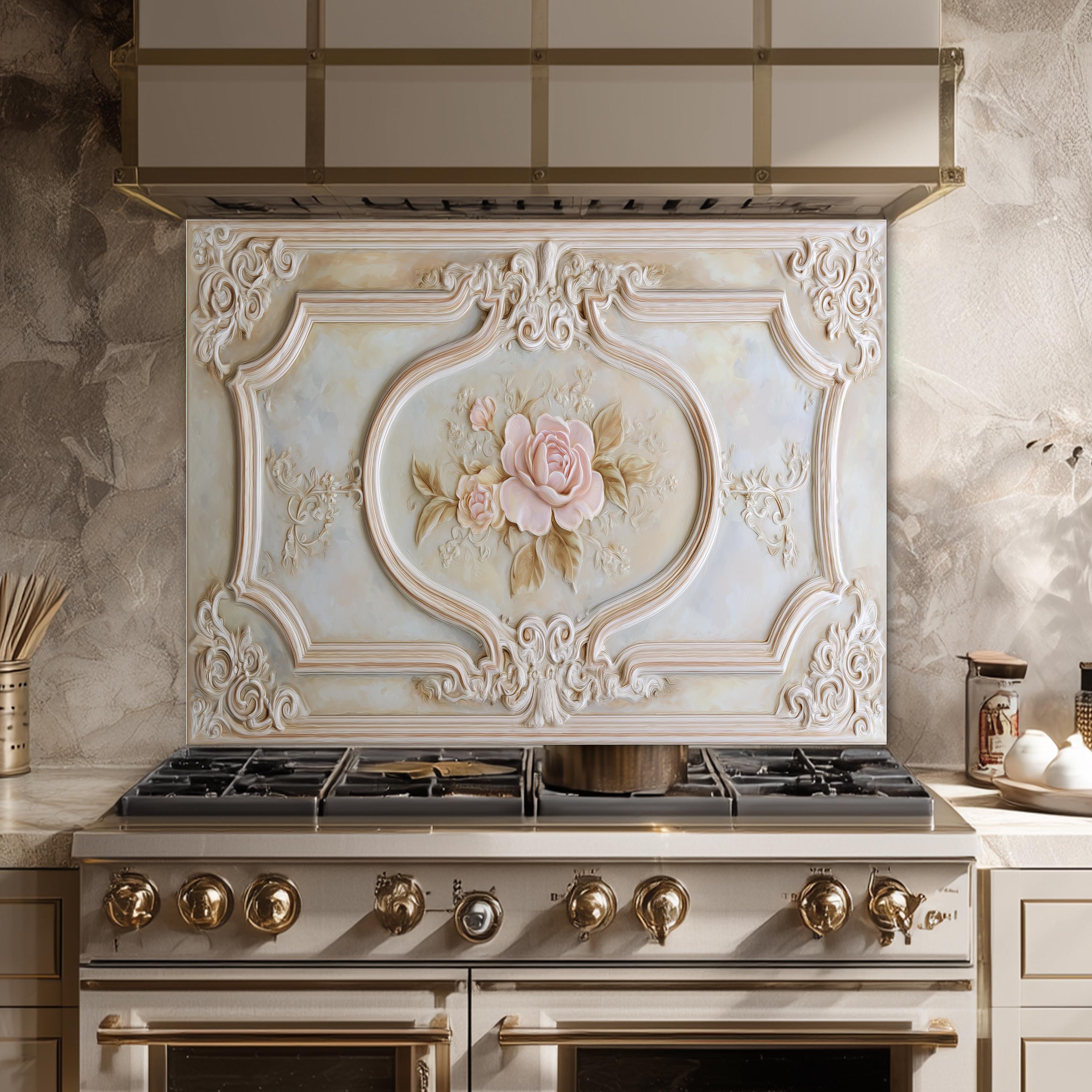 Luxury Baroque Rose Backsplash – Classic Beige Floral Tempered Glass ...