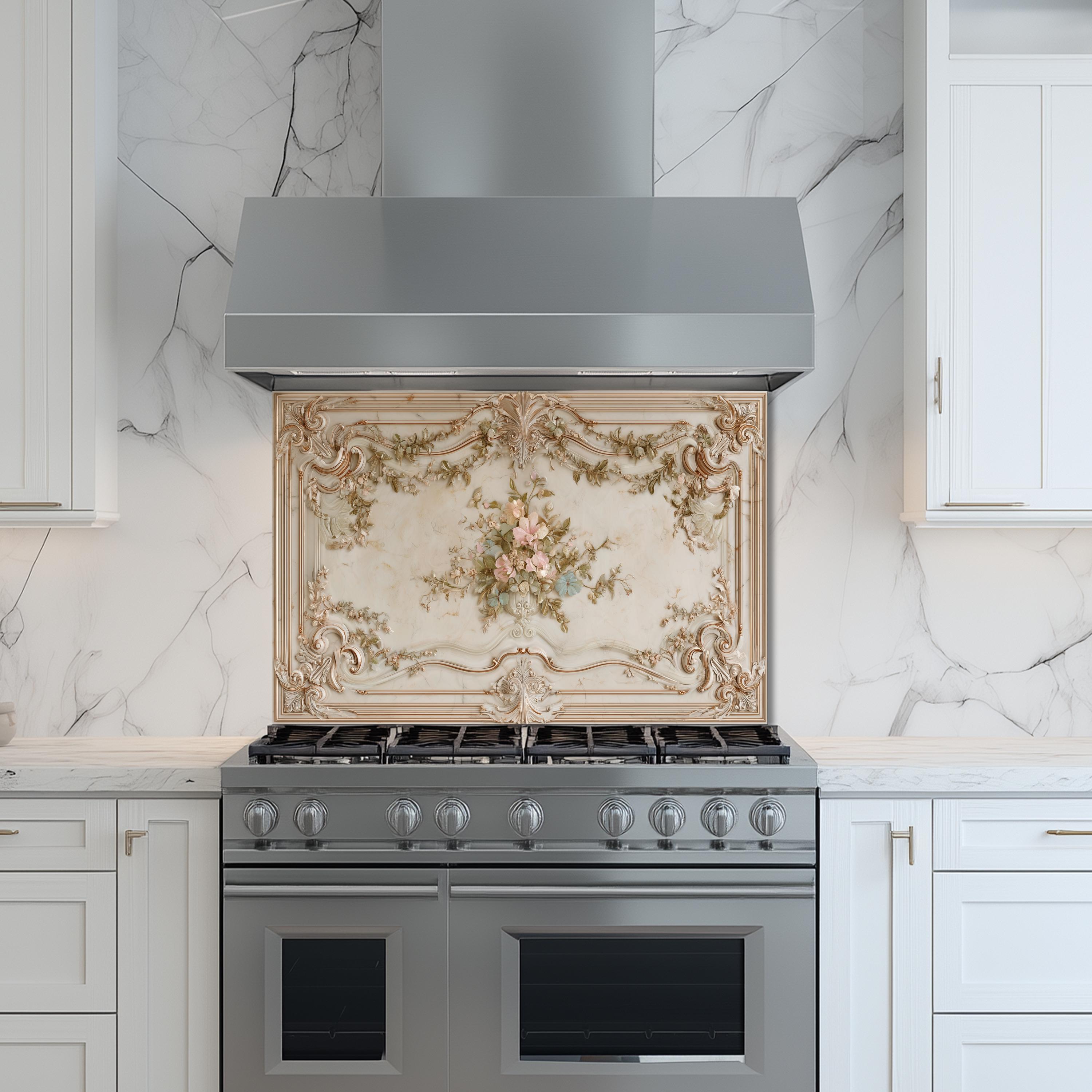 Luxury Marble Floral Backsplash – Elegant Baroque Gold Frame Tempered ...