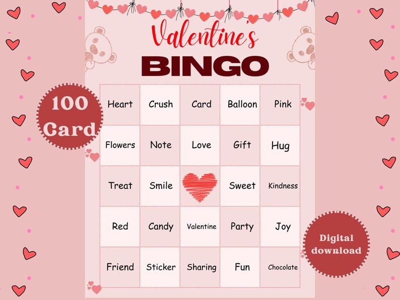 Valentine Bingo Game | 100 Unique Cards, Kids Classroom Party (digital ...