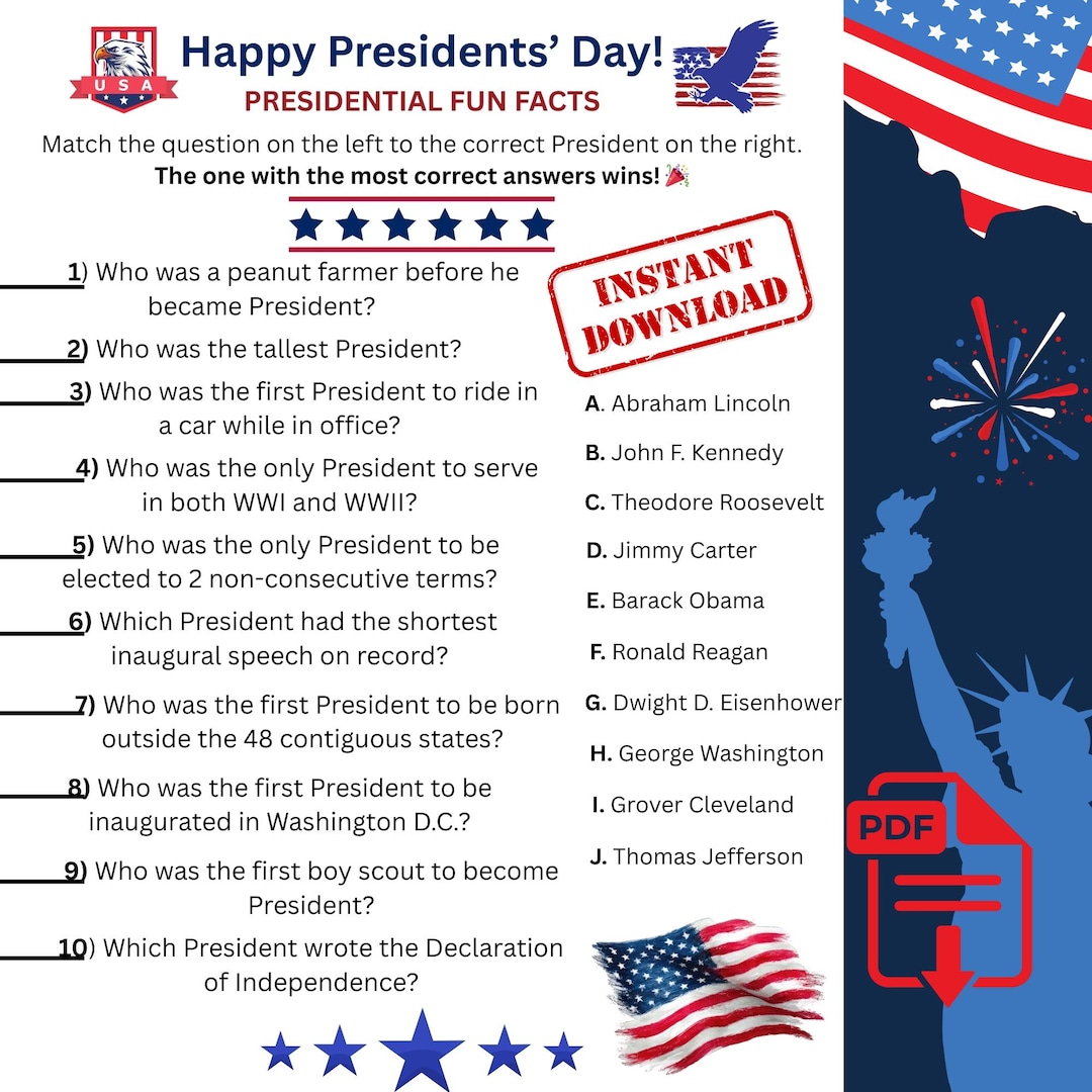 Presidents Day Trivia Game | US Presidents Fun Facts (PDF) - Etsy