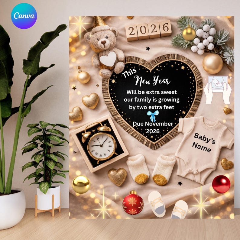 New Year 2026 Pregnancy Announcement Template, Growing by Two Feet ...