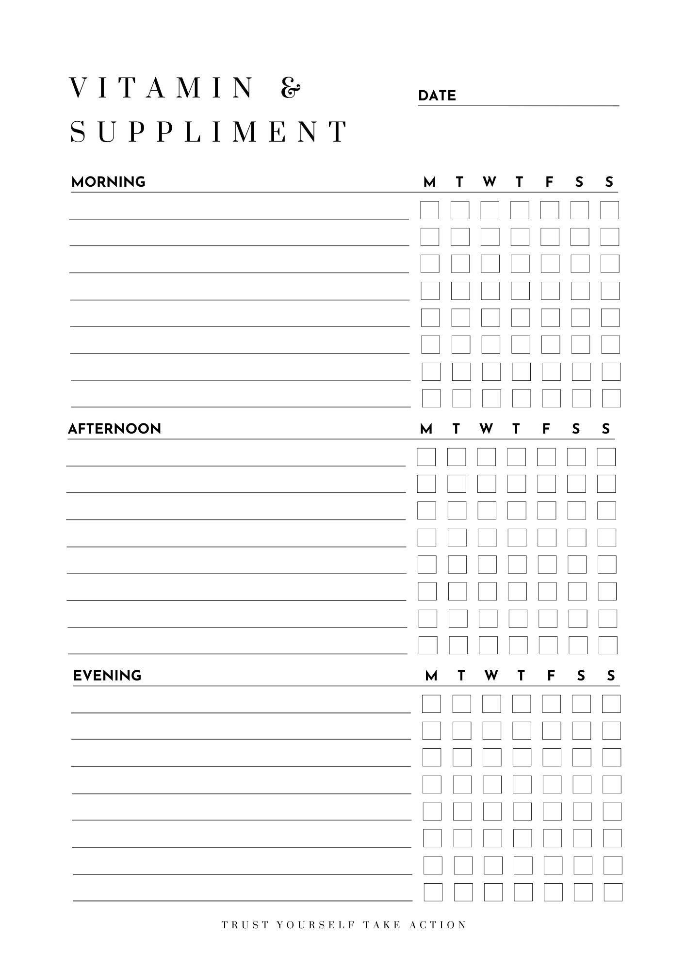Daily Vitamin Tracker Printable, Supplement Checklist, Vitamin İntake ...