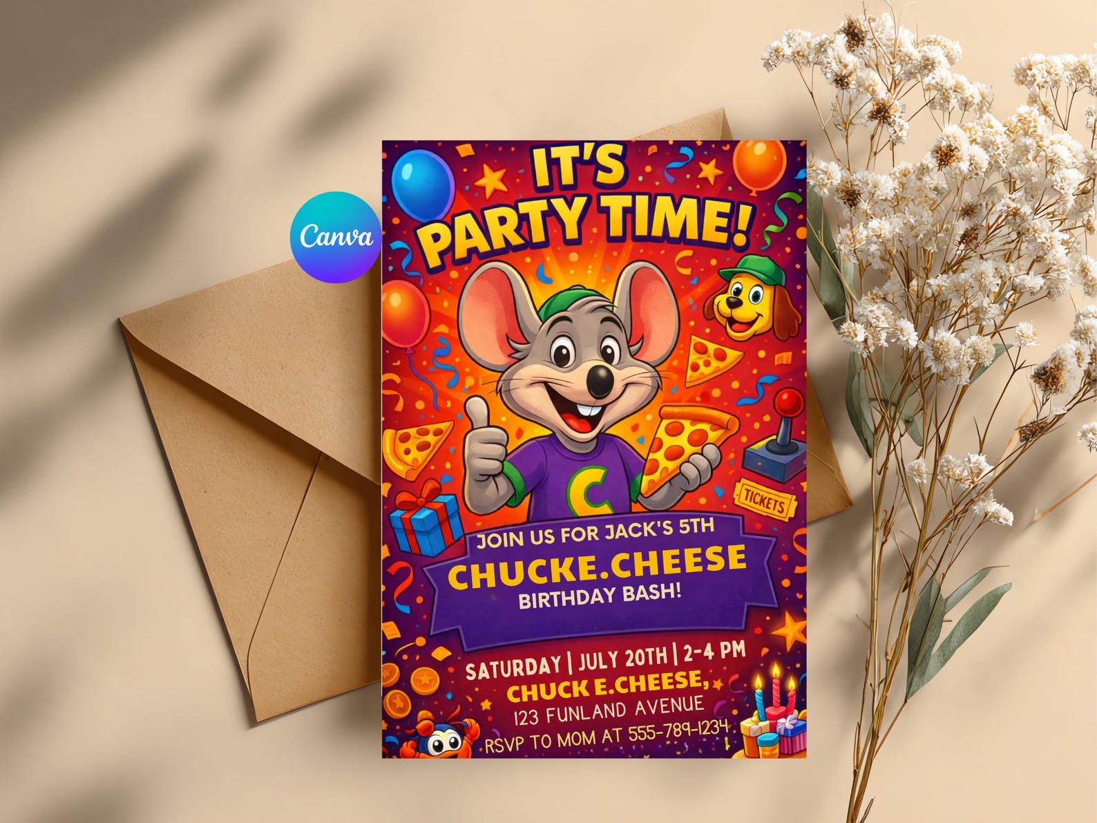 Chuck E. Cheese Birthday Invitation | Kids Party Invite | Editable ...