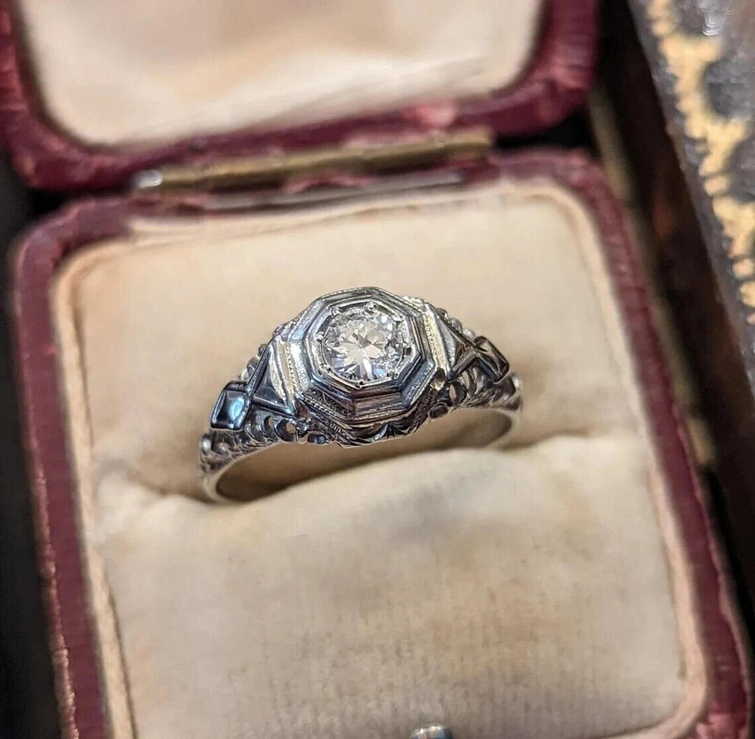 Art Deco Engagement Ring, Octagonal Bezel Diamond Solitaire, 14K White ...