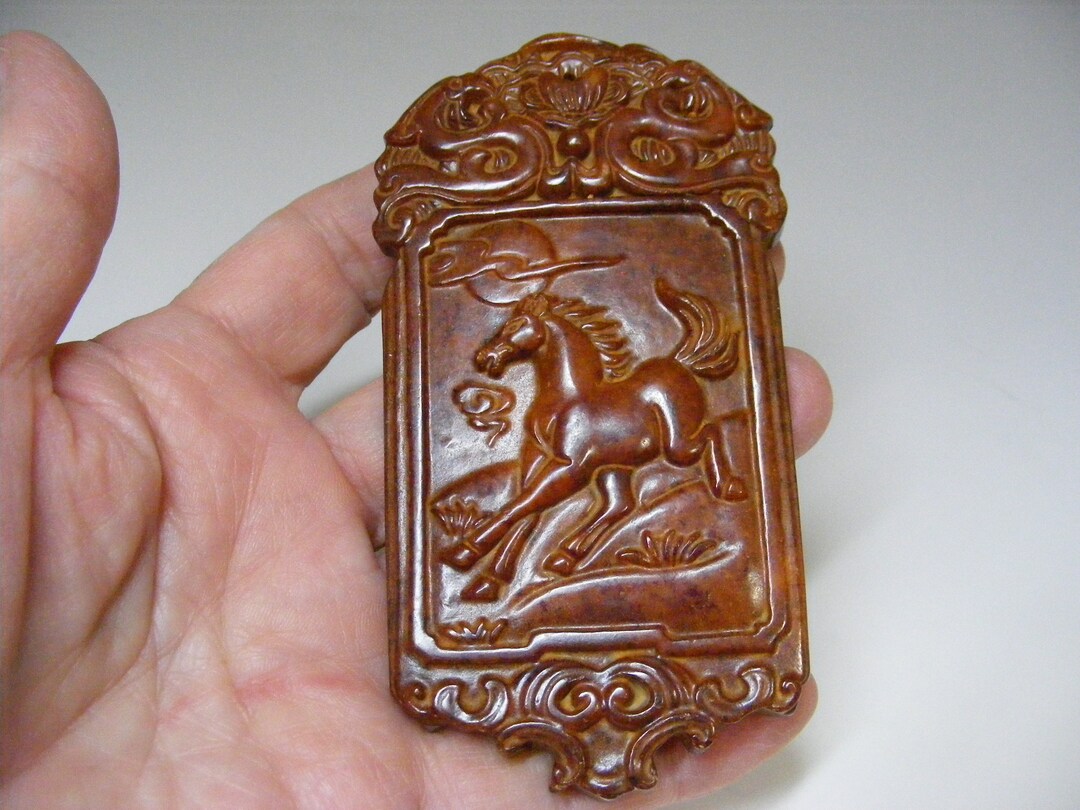 Carved Vintage Extra Large Red Nephrite Jade Horse Pendant ..... Lot ...