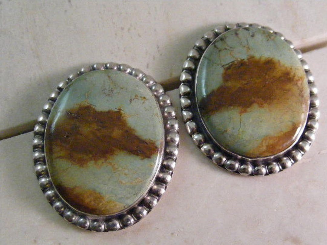 Vintage Signed Native American Large Green Turquoise Pierced Earrings ...