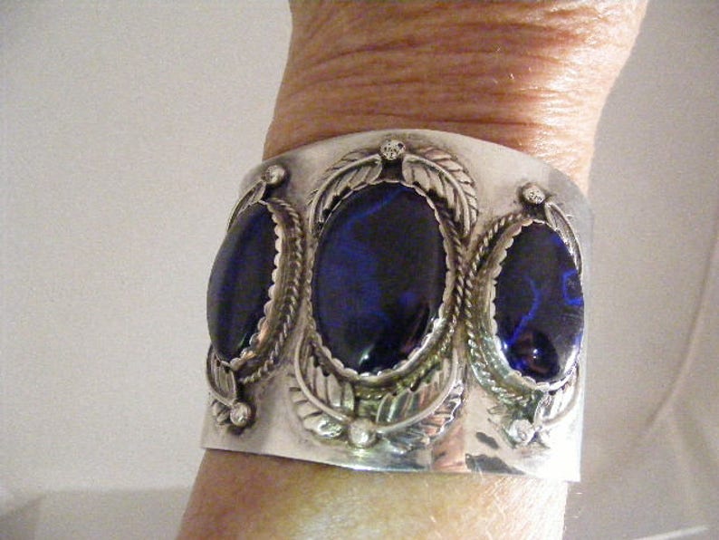 Vintage Museum Quality Banded Azurite Three Stone Southwest Cuff ...