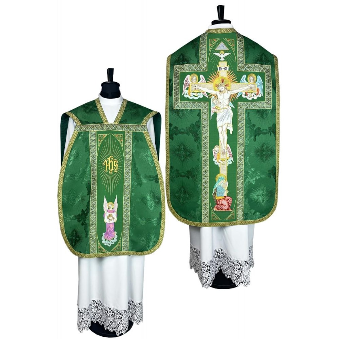 Roman Chasuble Green Crucified Christ, Catholic Vestment Set With Stole ...