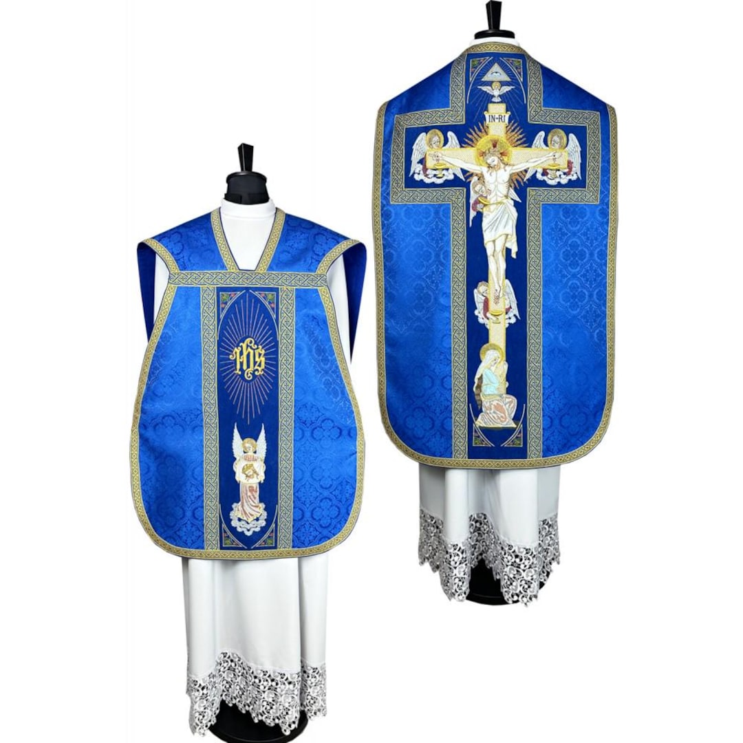 Roman Chasuble Blue Marian Vestment Set With Stole, Maniple, Chalice ...