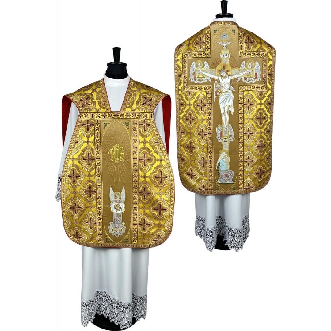 Roman Chasuble Set With Stole, Maniple, Burse, Chalice Veil, Gold ...