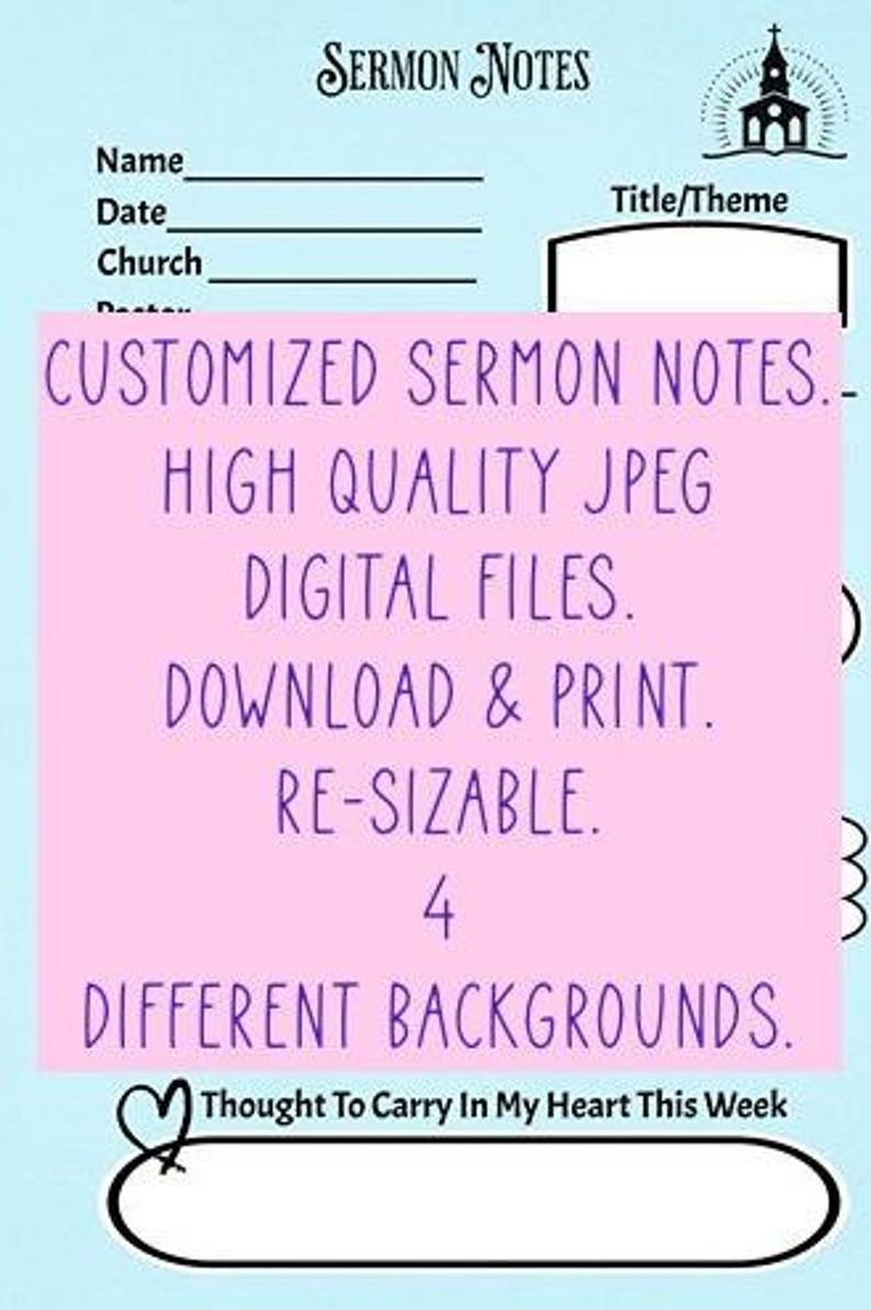 Custom SERMON NOTES Digital Printable Resizable JPEG Files Categories 4 ...