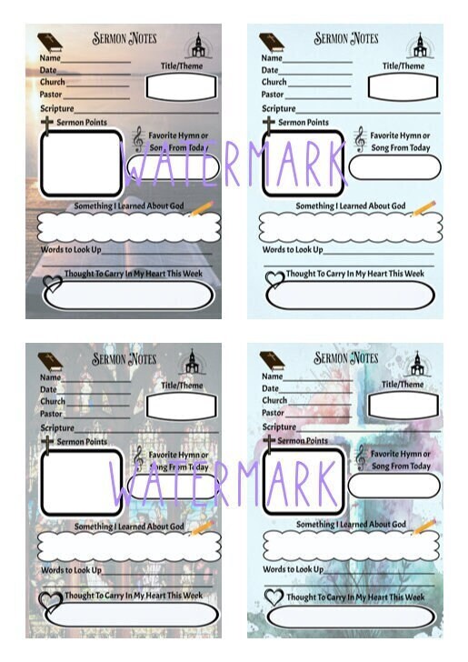 Custom SERMON NOTES Digital Printable Resizable JPEG Files Categories 4 ...