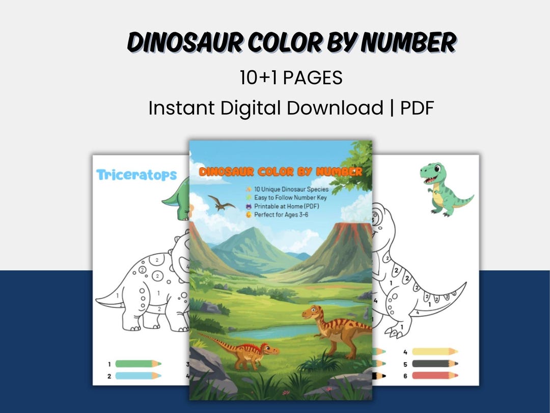 Dinosaur Color by Number Book, Kids Toddler Activity Sheets (PDF ...