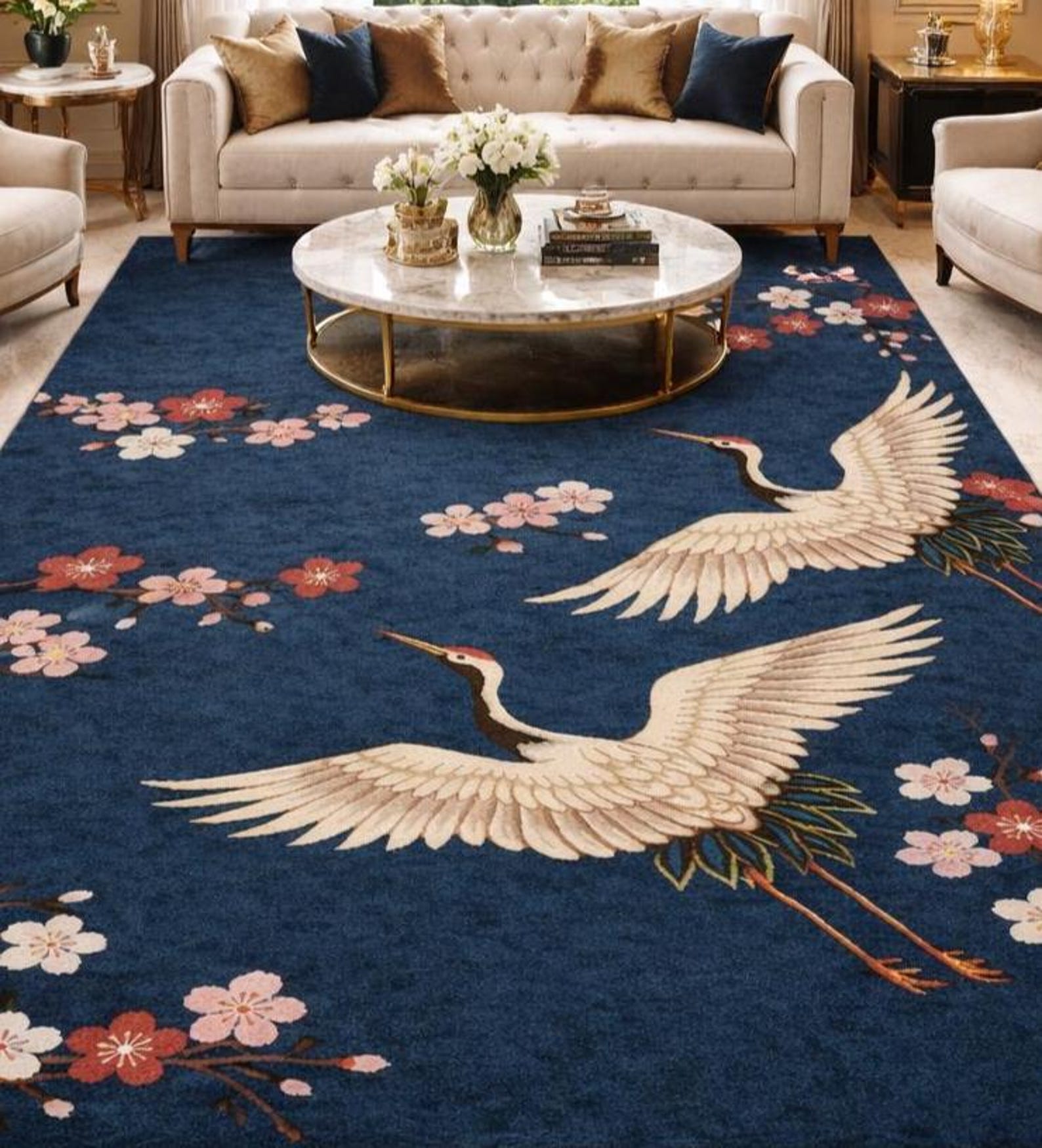 Hand Tufted Wool Rug, Japanese Cranes and Cherry Blossoms, Navy Blue ...