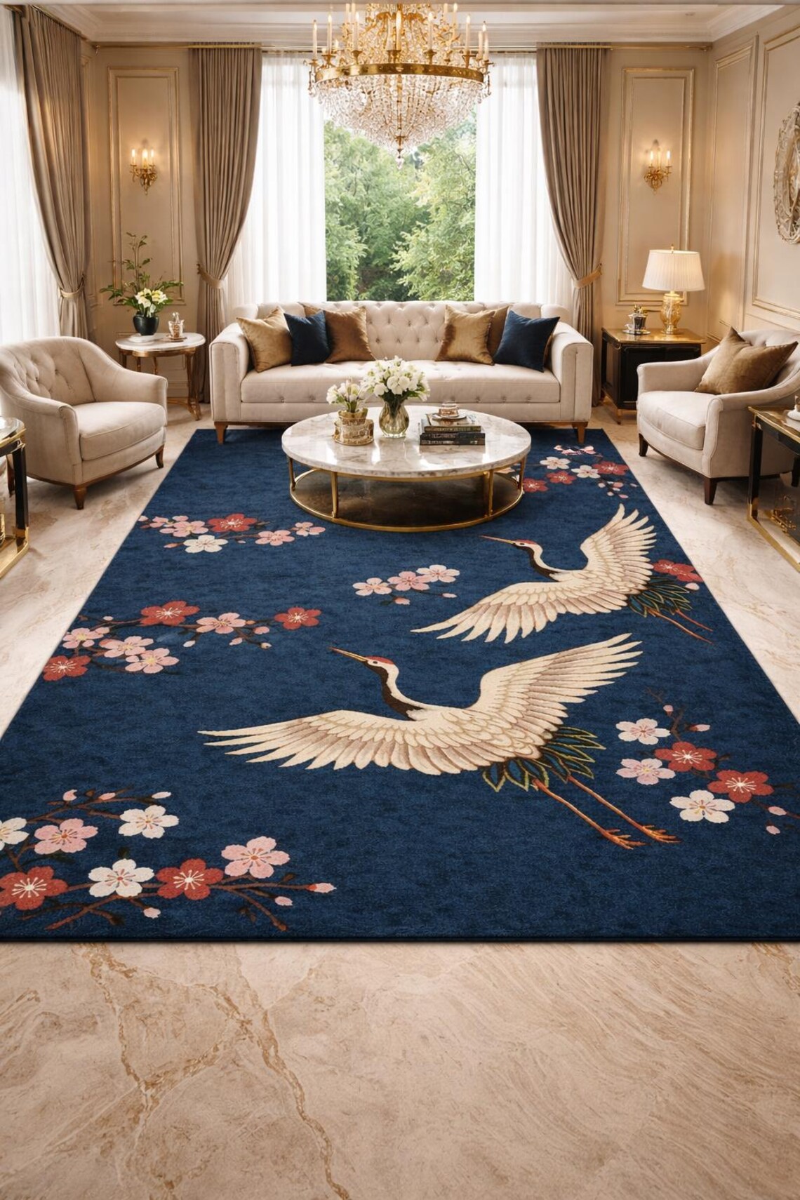 Hand Tufted Wool Rug, Japanese Cranes and Cherry Blossoms, Navy Blue ...