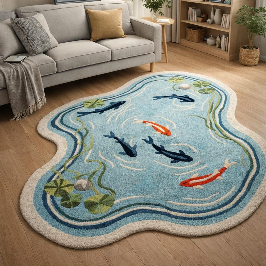 Hand Tufted Wool Koi Fish Pond Rug, Irregular Amoeba Shape - Etsy