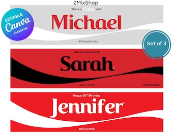 Editable Coke Coca-cola Bottle Labels 3 Editable Canva Templates ...