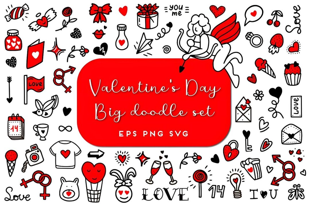 Valentine’s Day Doodle Clipart Set – Love Hand Drawn Icons Bundle in ...