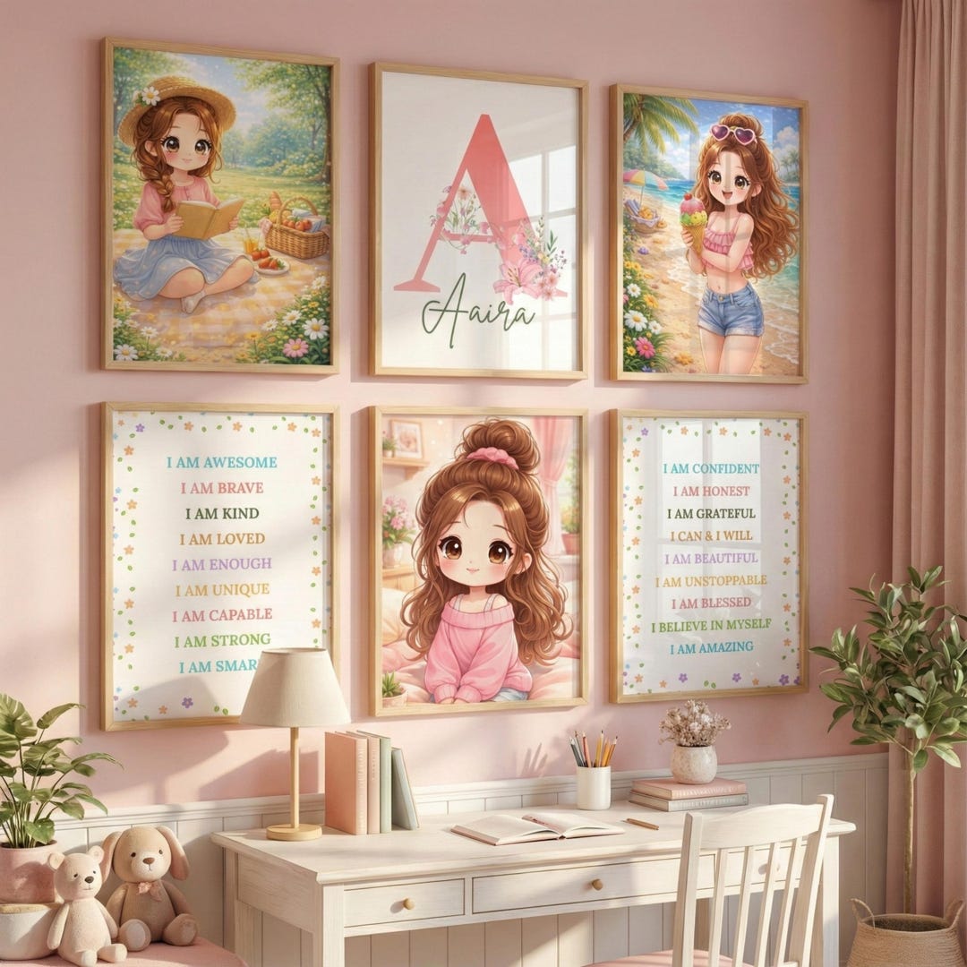 Personalized Nursery Wall Art | Chibi Girl Prints, Affirmations (set of ...