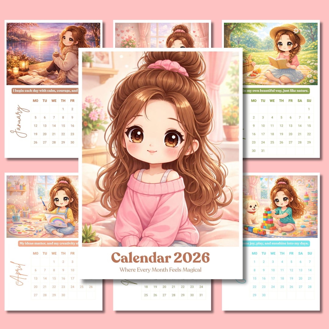 2026 Kids Calendar | Kawaii Chibi Girl, Positive Affirmations (digital ...