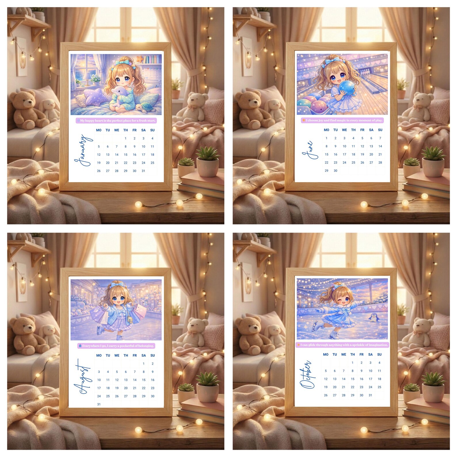 2026 Kids Calendar | Kawaii Girl Art, Positive Affirmations (PDF ...