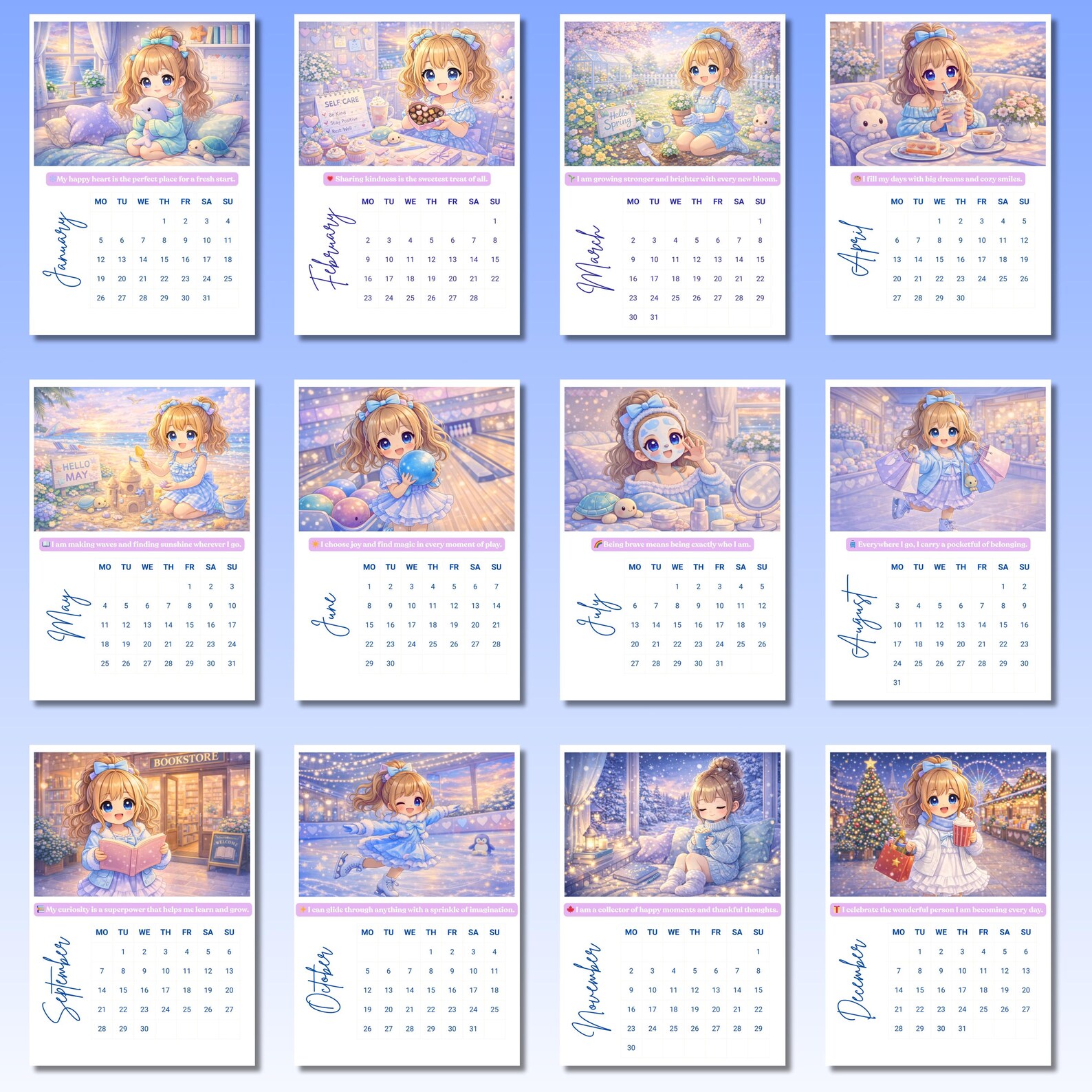 2026 Kids Calendar | Kawaii Girl Art, Positive Affirmations (PDF ...