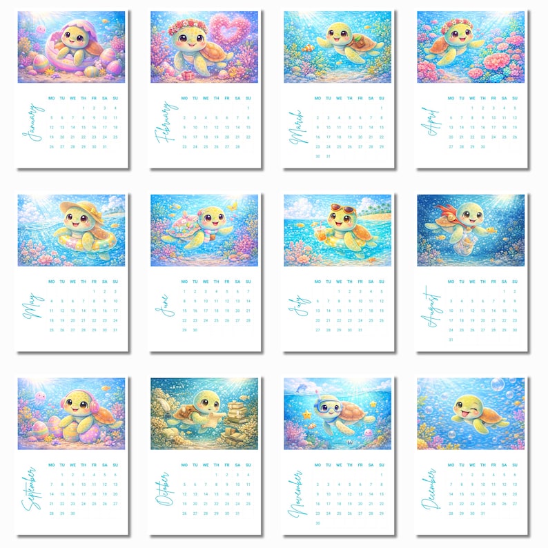 Sea Turtle 2026 Calendar | Kids Printable Monthly Calendar (digital ...