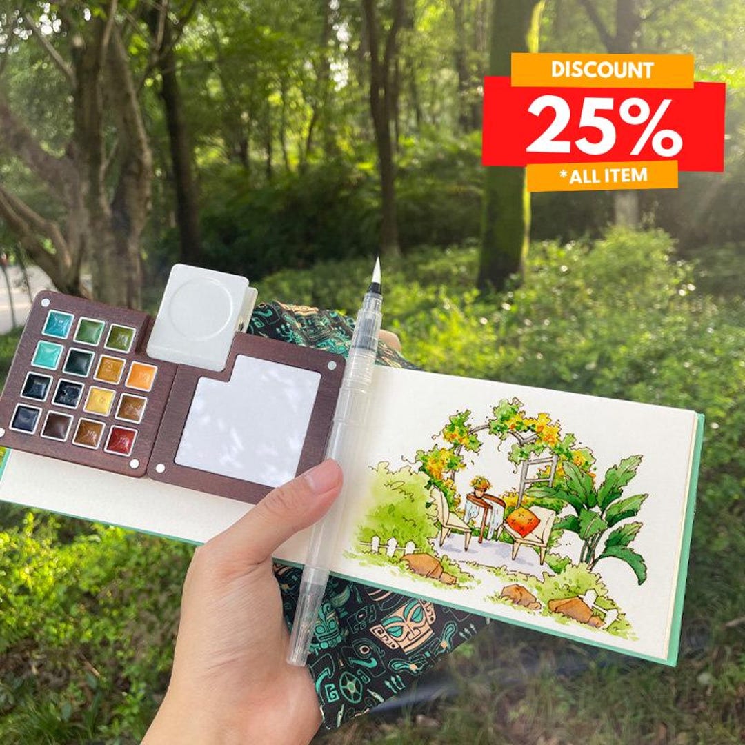 15 Color Watercolor Travel Palette, Walnut Wood Portable Paint Box ...