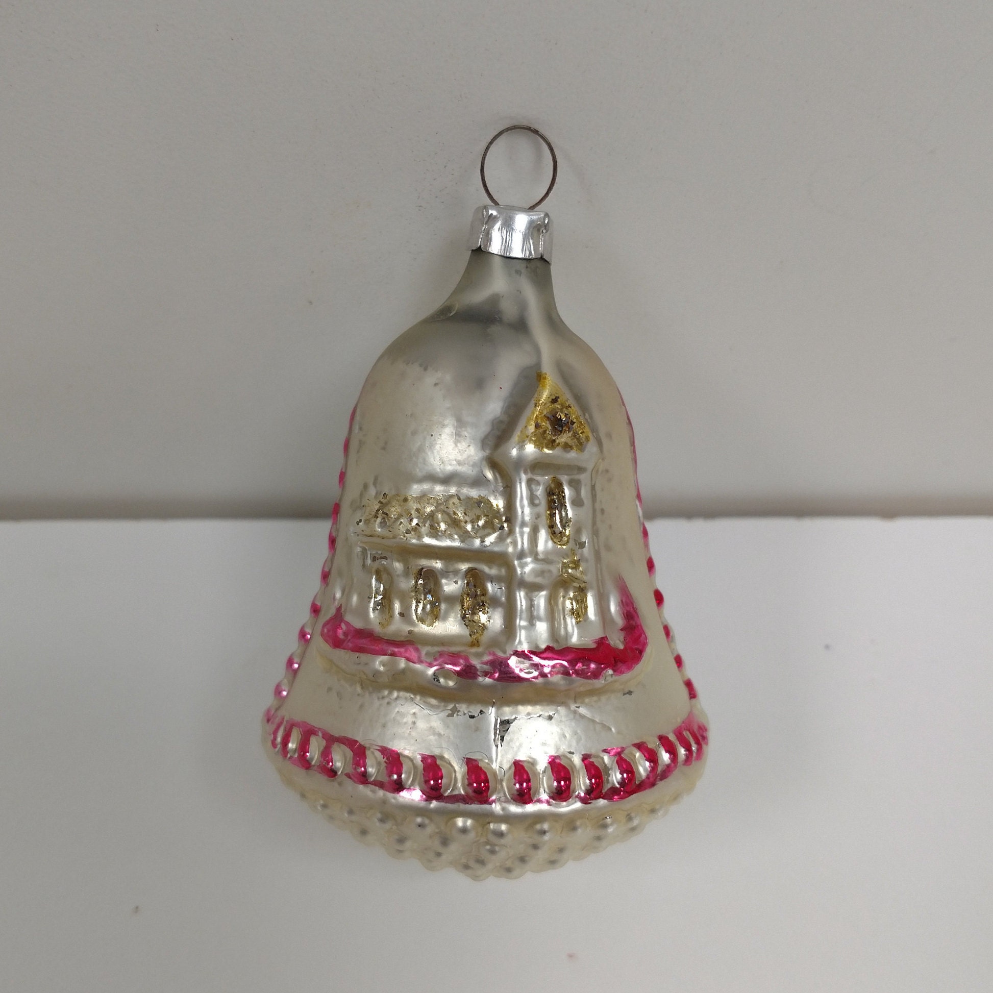 Vintage Christmas Bell German Ornament Hobnail Silver Pink Victorian ...