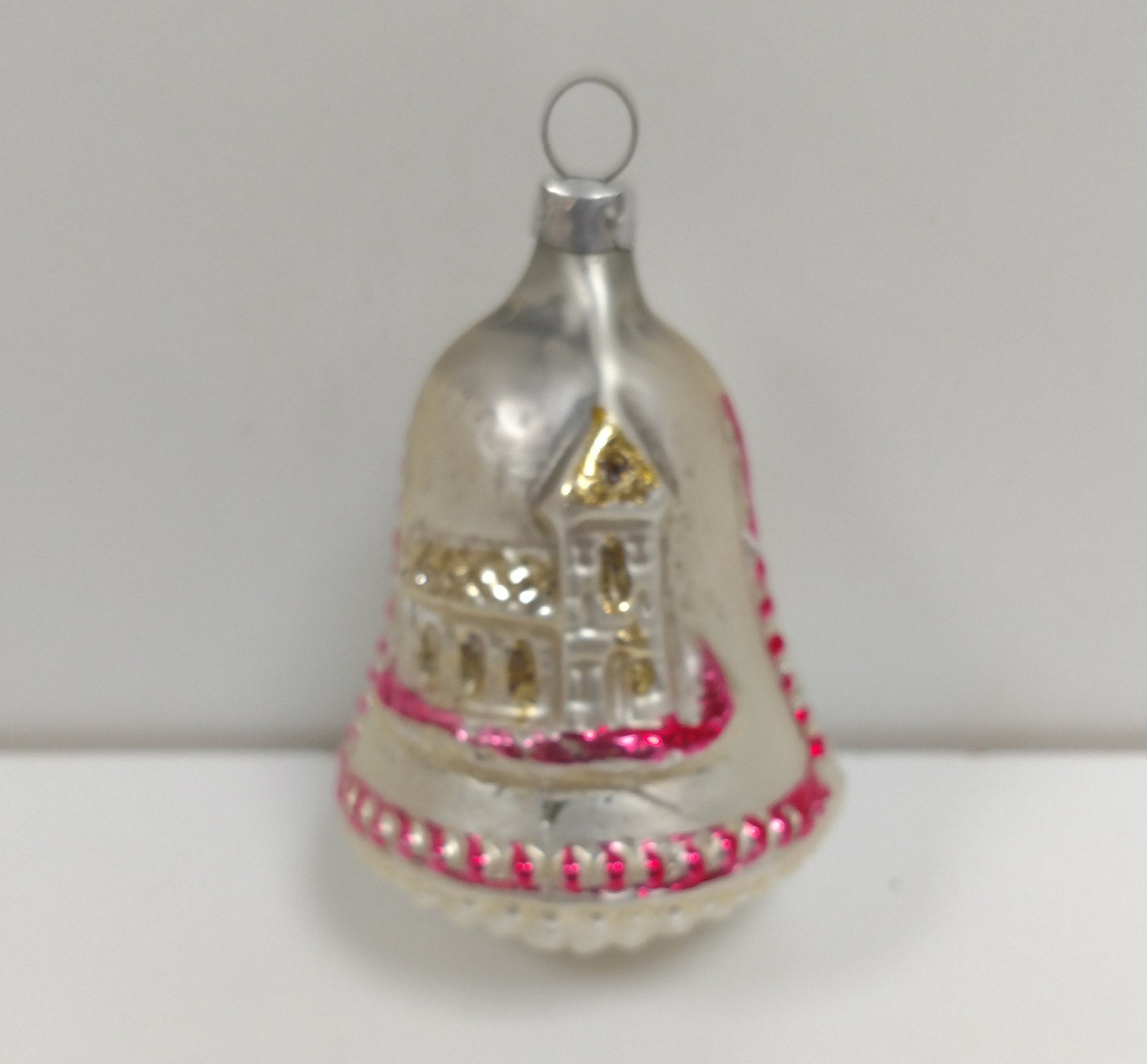 Vintage Christmas Bell German Ornament Hobnail Silver Pink Victorian ...