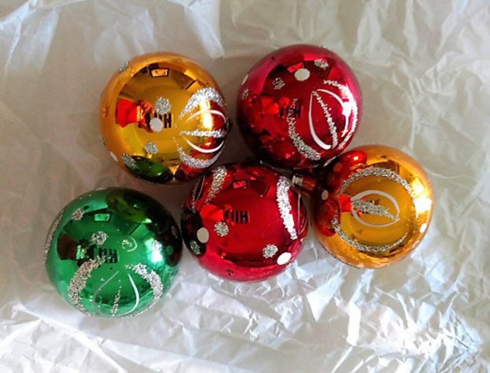 Atomic Christmas Ornaments Glittered Mid Century Poland 5 Art Deco Tree ...