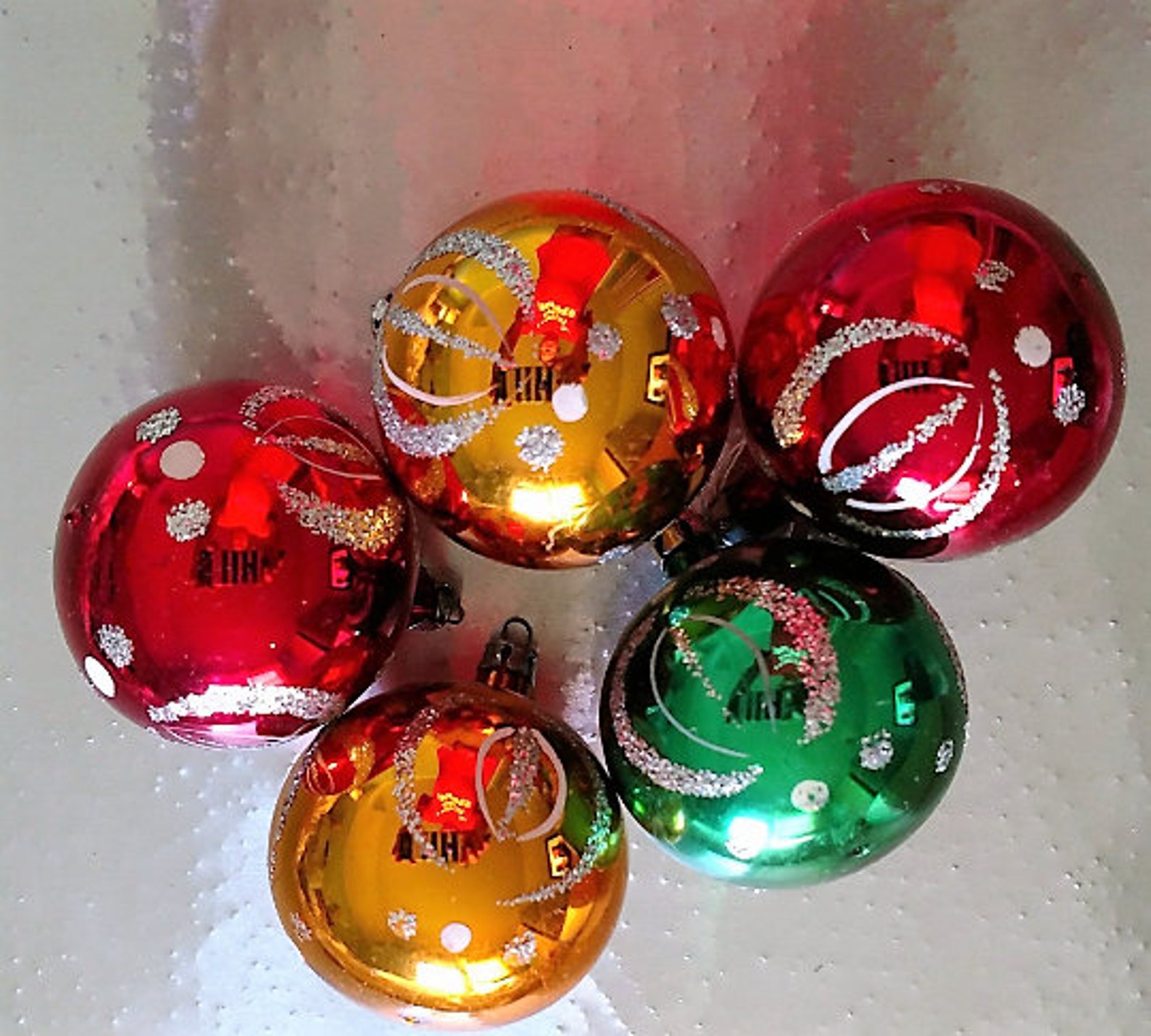 Atomic Christmas Ornaments Glittered Mid Century Poland 5 Art Deco Tree ...