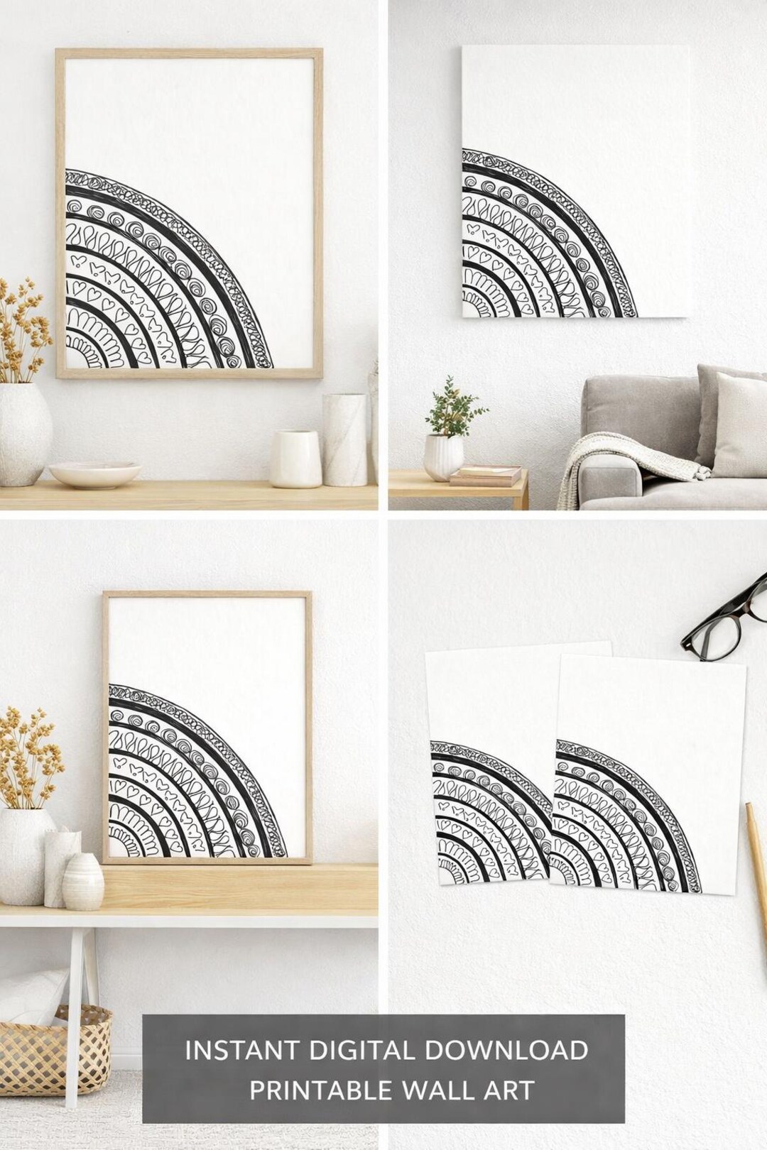 Mandala Corner Art Print | Black & White Boho Wall Decor (digital ...