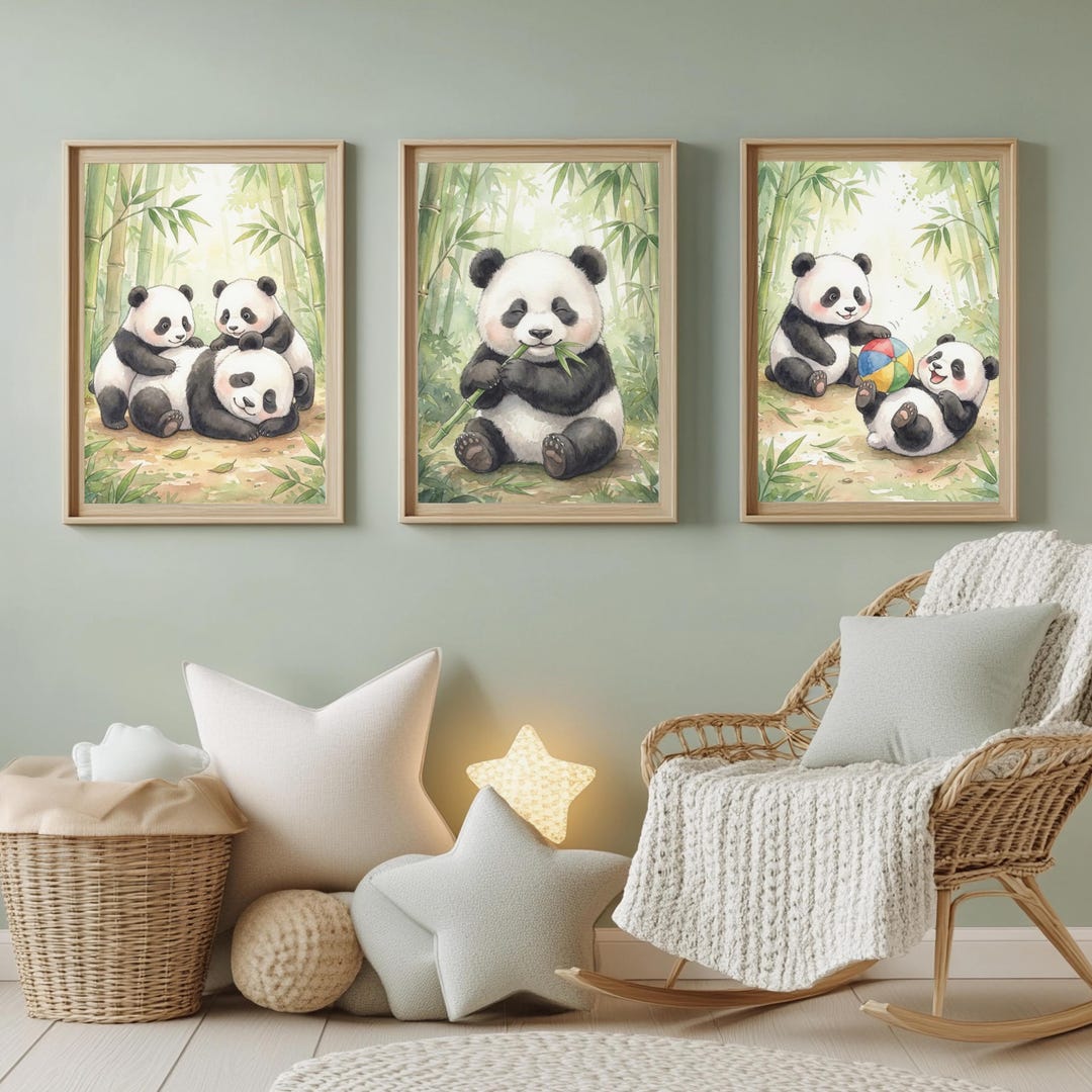 Panda Nursery Wall Art Set of 3 | Cute Baby Panda Triptych | Bamboo ...