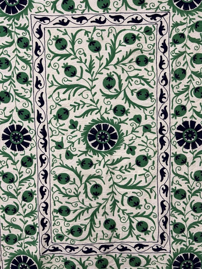Hand Embroidered Suzani Wall Hanging, Green Pomegranate Floral Suzani ...