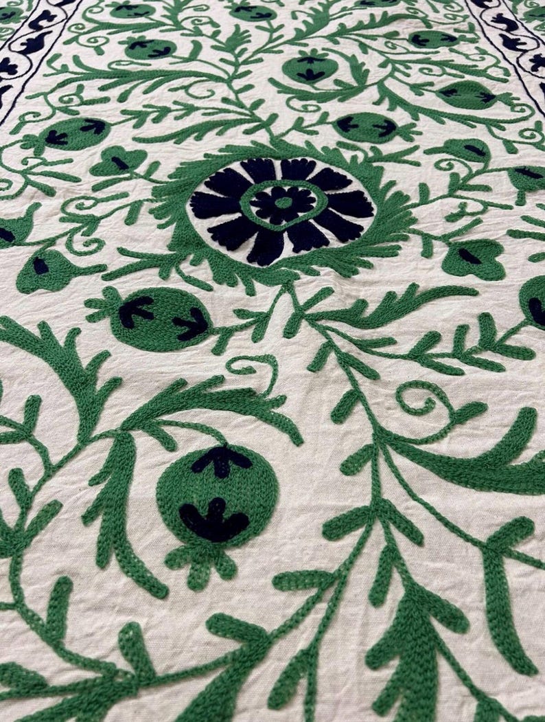 Hand Embroidered Suzani Wall Hanging, Green Pomegranate Floral Suzani ...