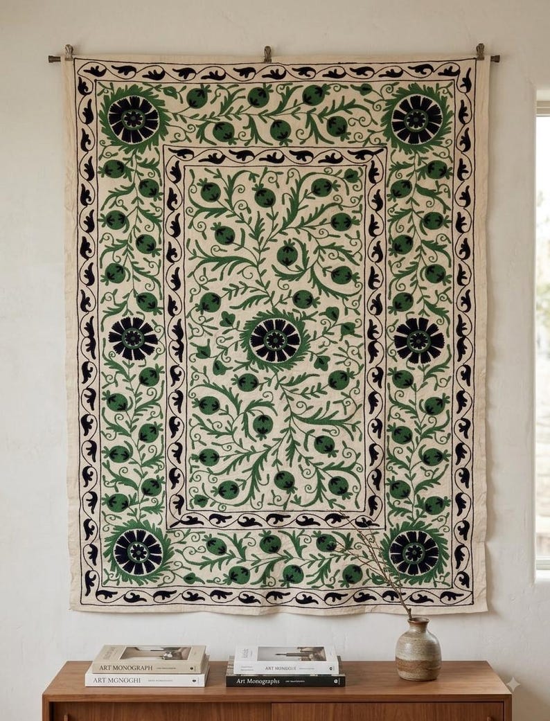 Hand Embroidered Suzani Wall Hanging, Green Pomegranate Floral Suzani ...