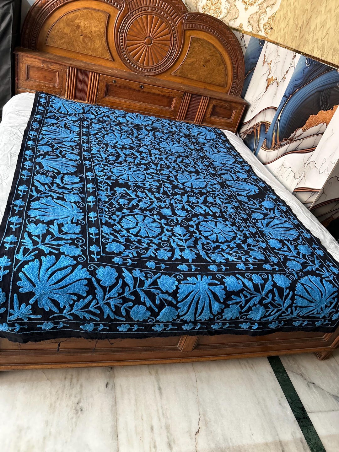 Chain Stitch Art Uzbek Suzani Queen Tapestry, Blue Embroidered Cotton ...