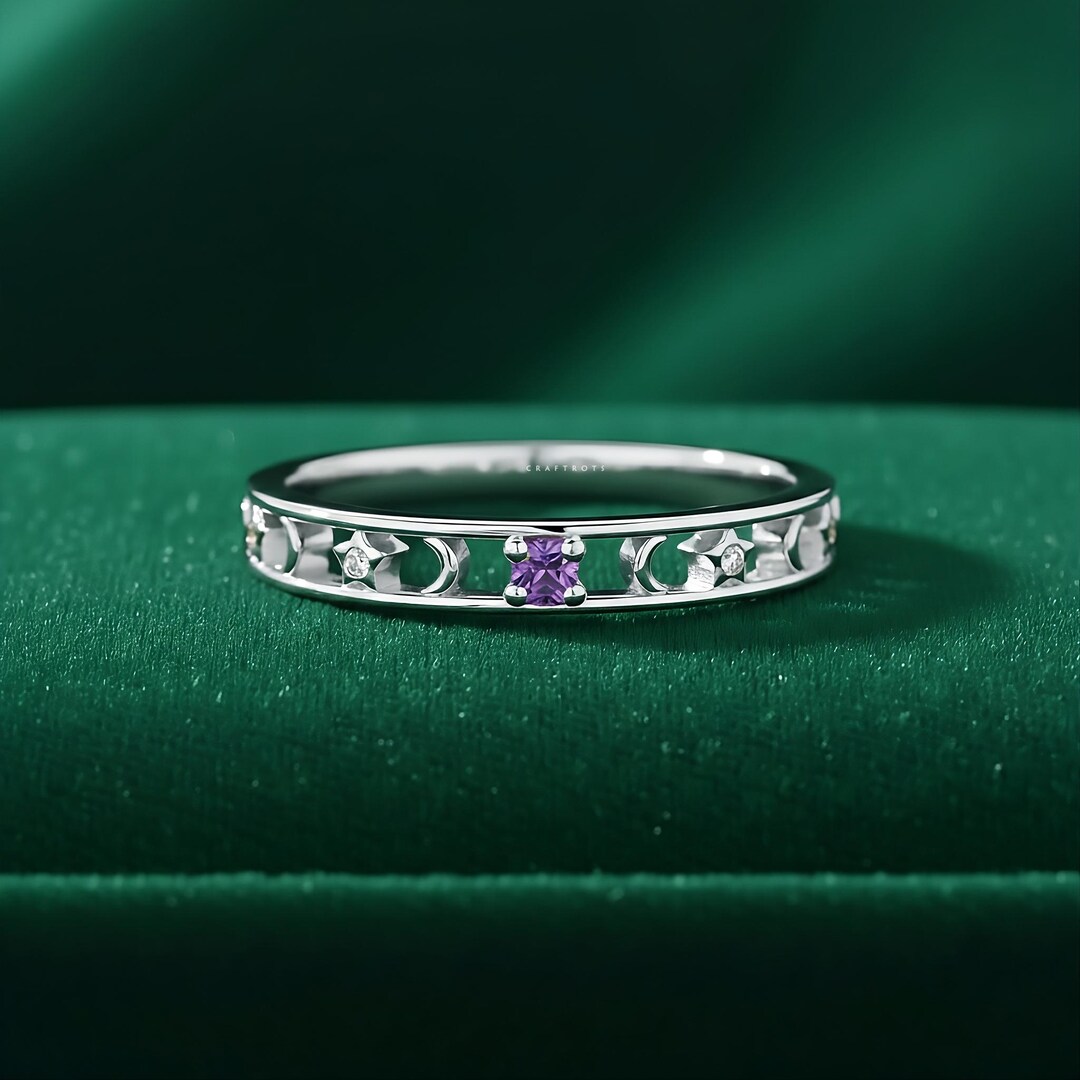 Celestial Amethyst & Diamond Orbit Band – 925 Sterling Silver Crescent ...