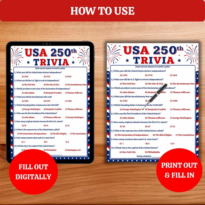 USA 250th Anniversary Trivia Game Printable, Patriotic 4th of July ...