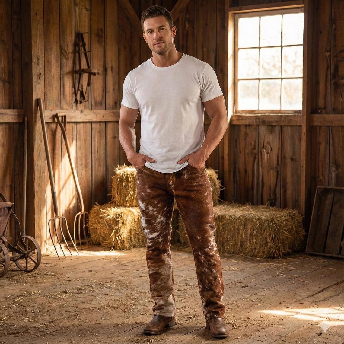 Men’s Cowhide Leather Pants Hair on Hide Brown White Western Cowboy ...